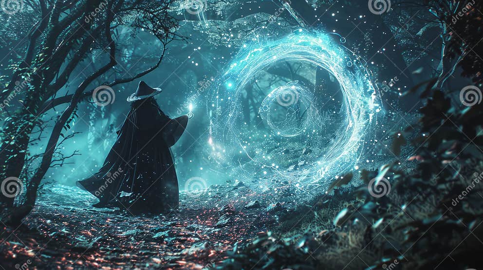 Wizard Casting a Spell that Forms a Vortex of Glowing Particles in a ...