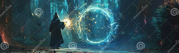 Wizard Casting a Spell that Forms a Vortex of Glowing Particles in a ...
