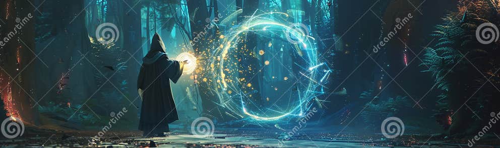 Wizard Casting a Spell that Forms a Vortex of Glowing Particles in a ...