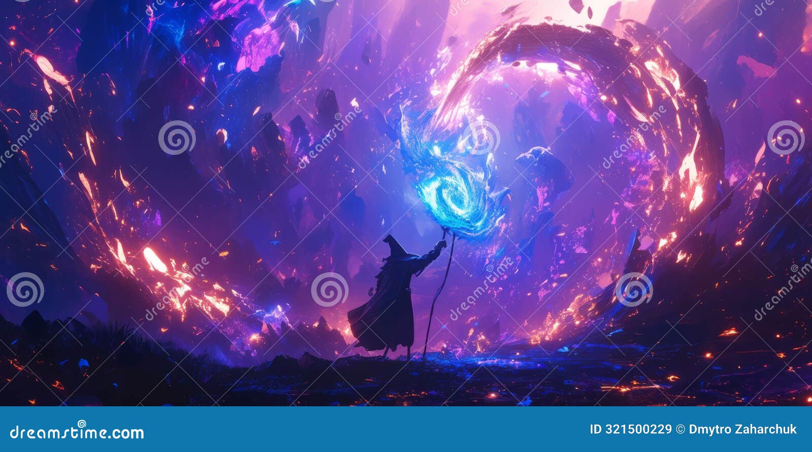 Wizard Casting a Spell that Forms a Vortex of Glowing Particles in a ...