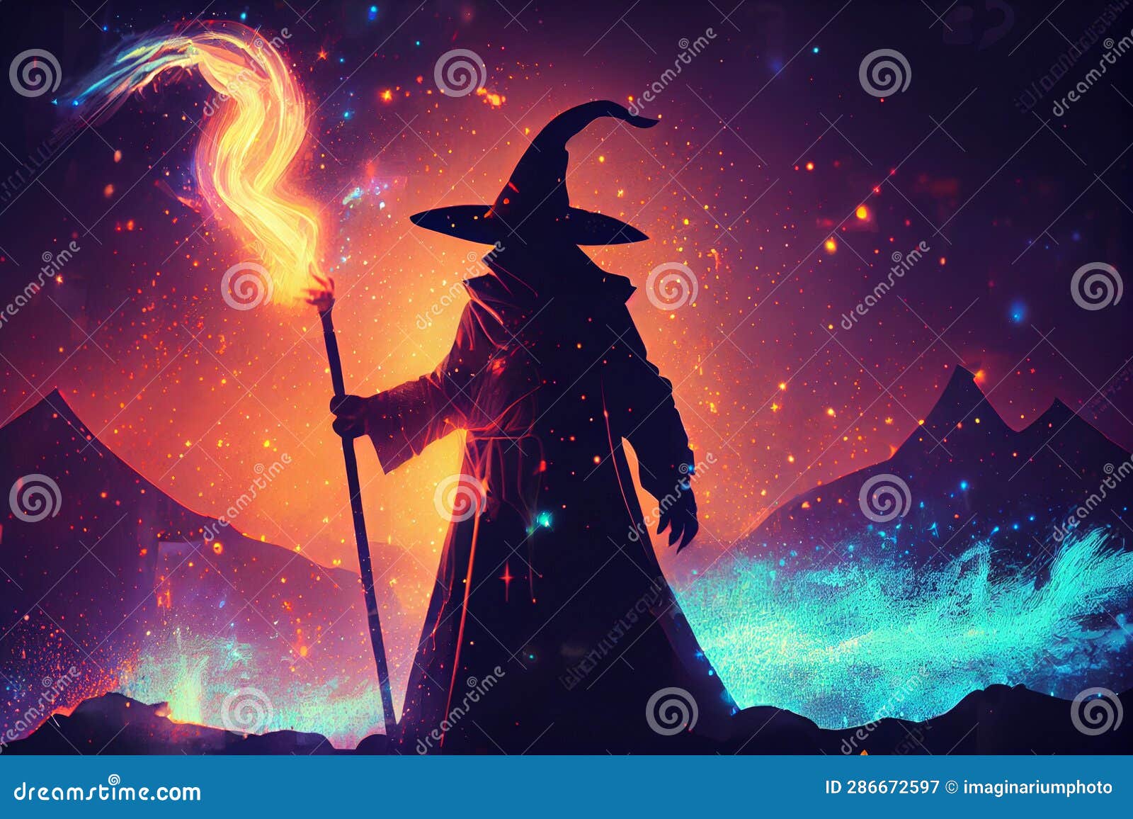 Wizard Casts Enchanted Powerful Spell in the Woods. Magic Wizard ...