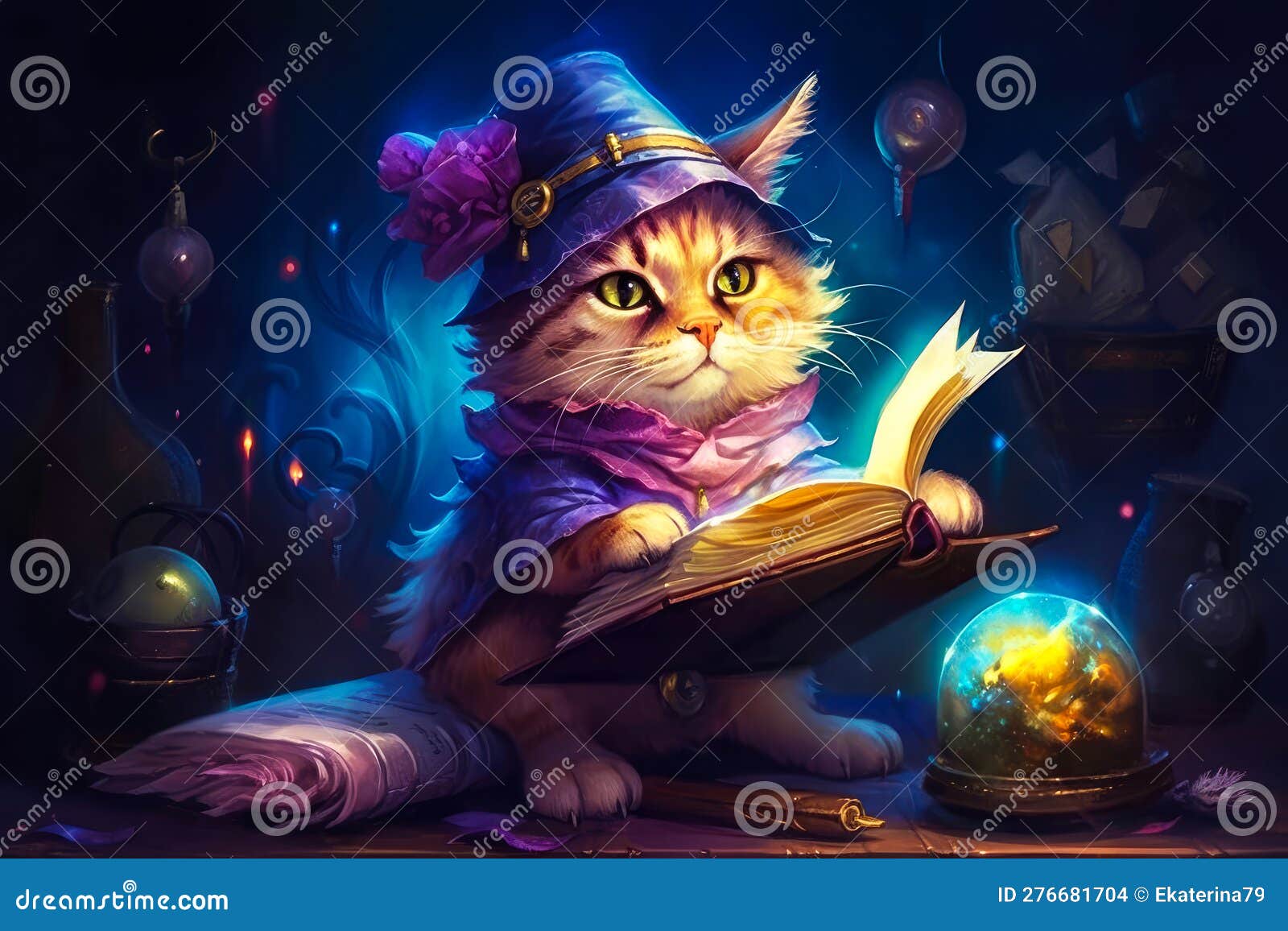 A Wizard Cat with a Book it Its Paws. Created with Generative AI Stock ...