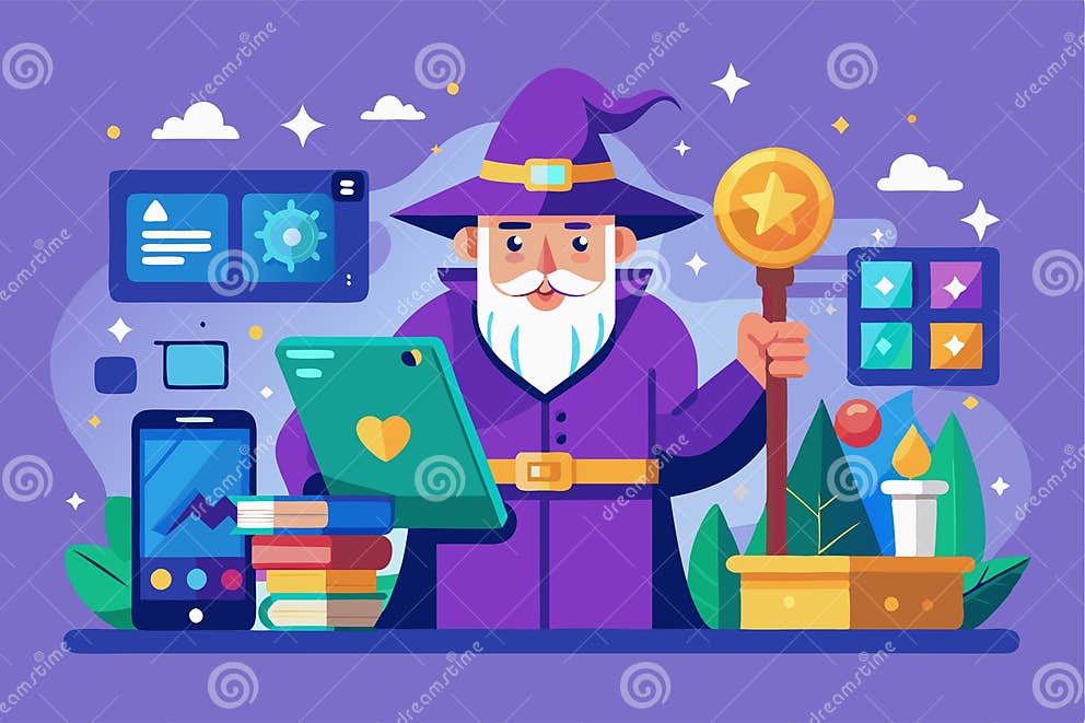 A Wizard Character Uses a Tablet and Wand while Surrounded by Magical ...