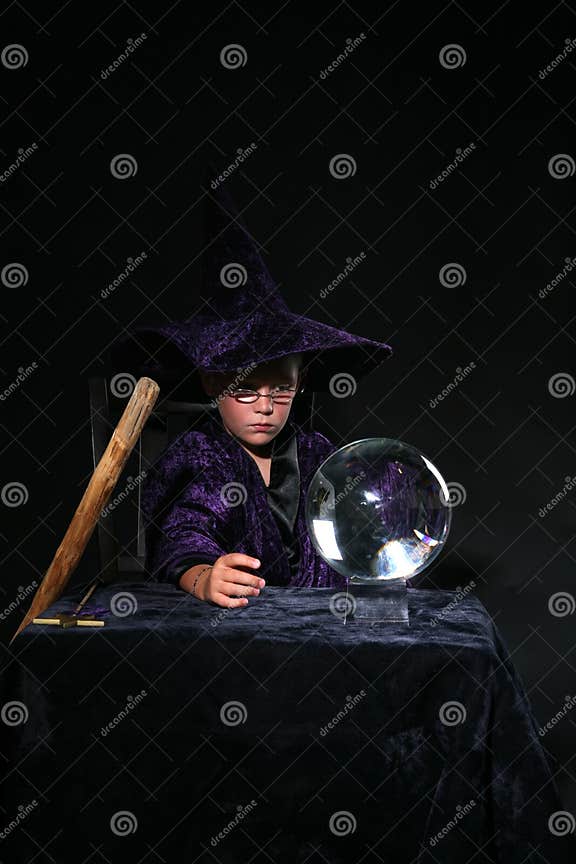 Wizard Child with Crystal Ball and Staff Stock Photo - Image of spells ...