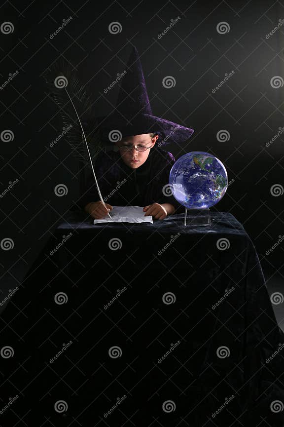Wizard Child Writing with Feather Quill Stock Image - Image of gaze ...
