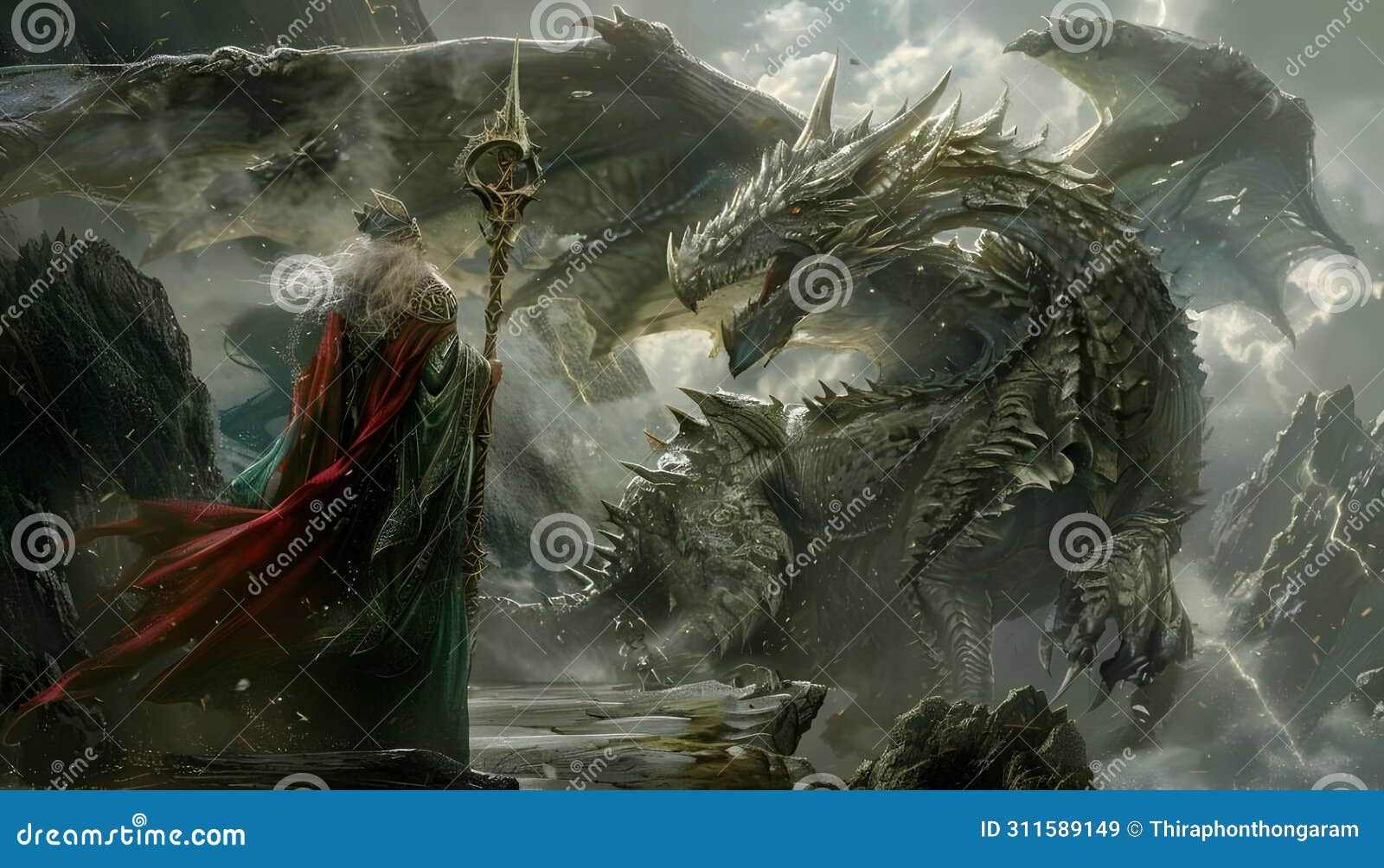 Wizard and dragon stock illustration. Illustration of purple - 311589149