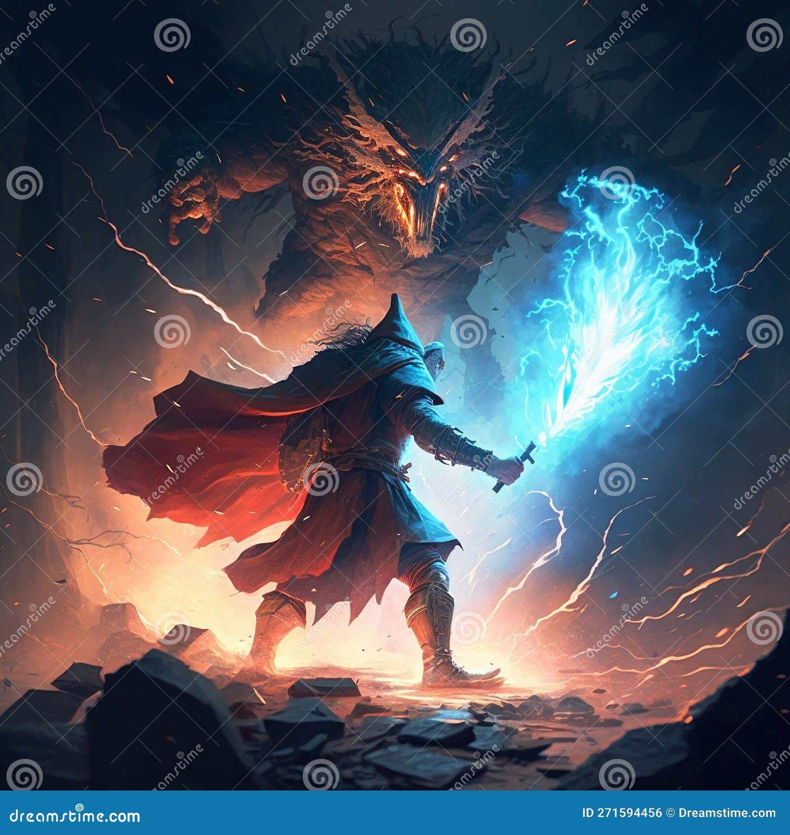 A Wizard Fighting a Monster High Quality AI Illustration Stock ...