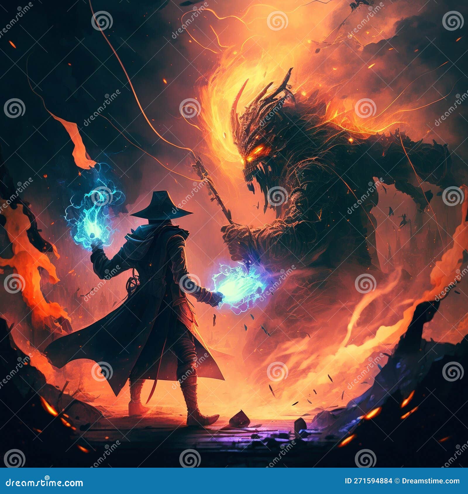 A Wizard Fighting a Monster High Quality AI Illustration Stock Photo ...