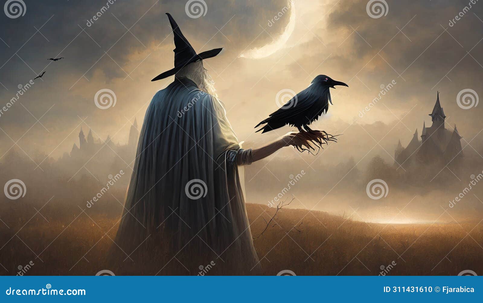 Wizard Figure with Raven on Hand and Castle in Mist Stock Illustration ...