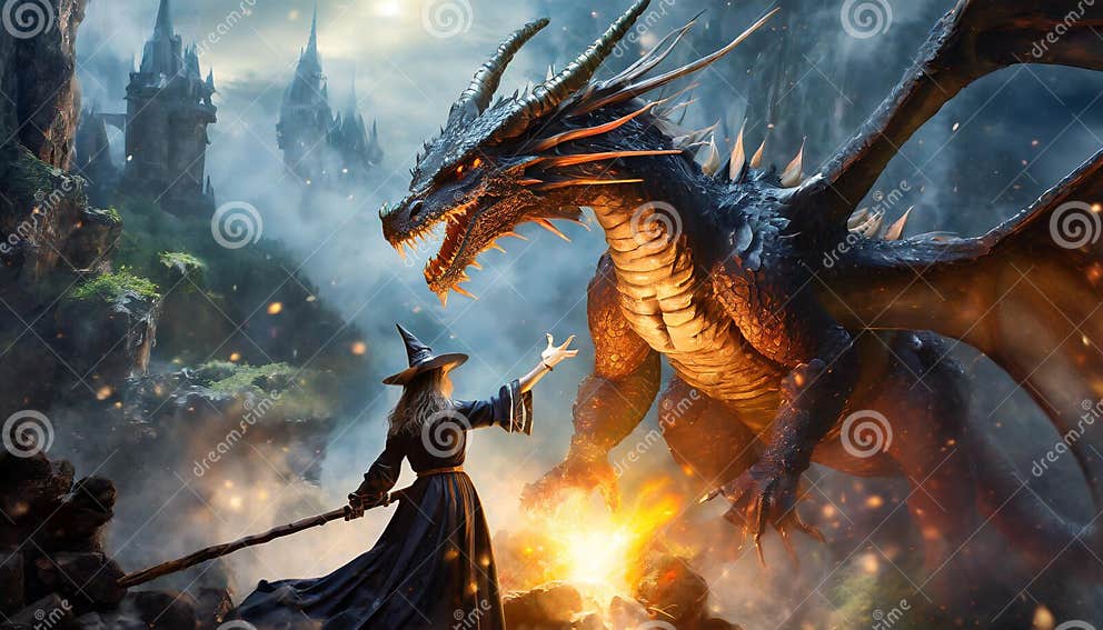 Wizard by fire with dragon stock illustration. Illustration of fire ...
