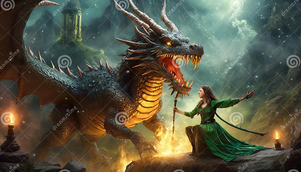 Wizard by fire with dragon stock illustration. Illustration of jungle ...