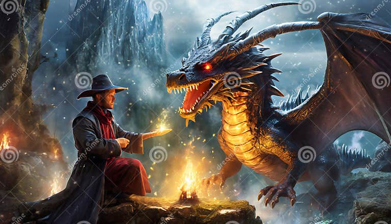 Wizard by fire with dragon stock illustration. Illustration of suitable ...