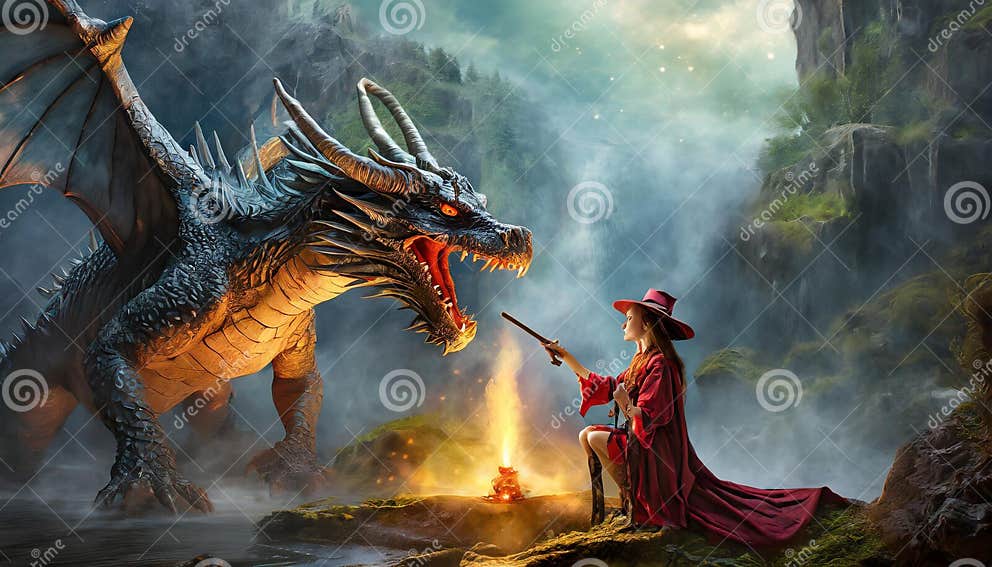 Wizard by fire with dragon stock illustration. Illustration of cartoon ...