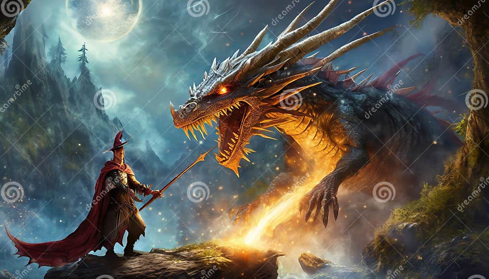 Wizard by fire with dragon stock illustration. Illustration of ...