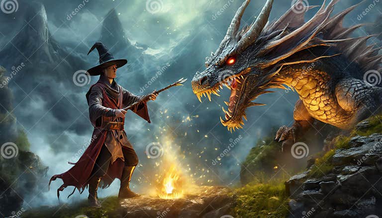 Wizard by fire with dragon stock illustration. Illustration of wizard ...