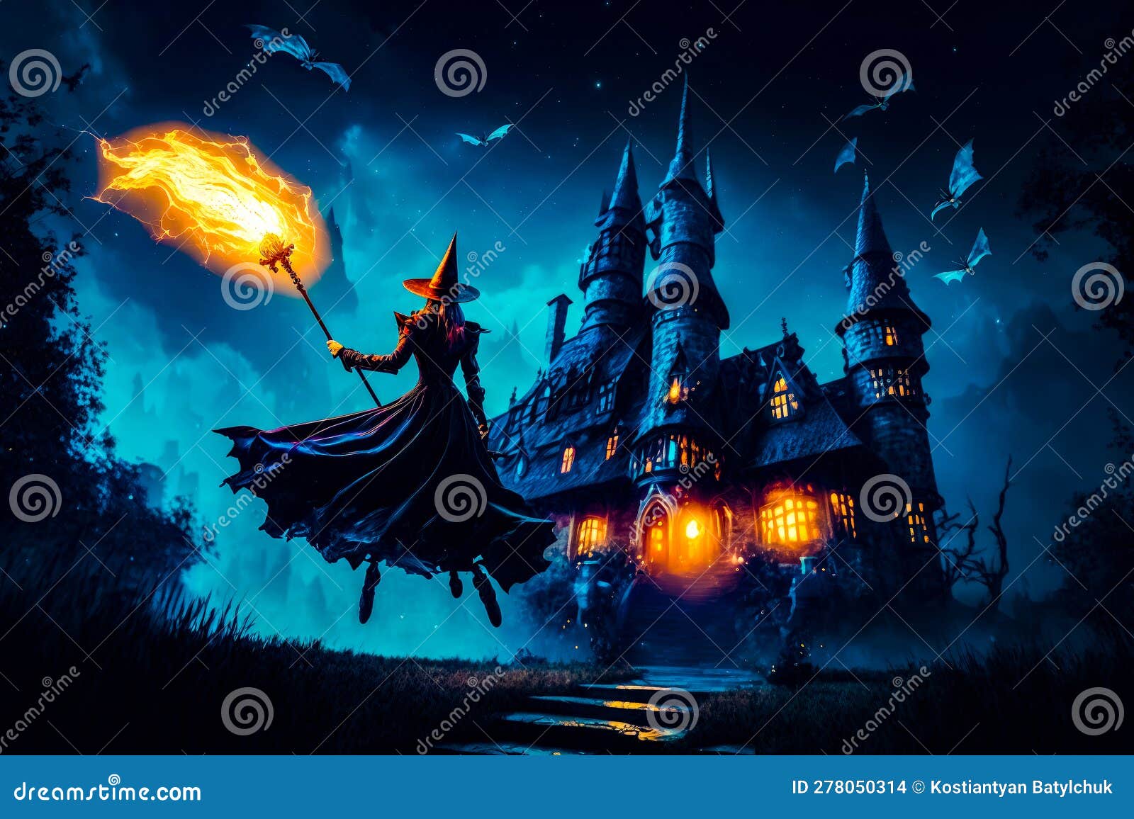 Wizard Flying in Front of Castle with Fire in Its Hand. Generative AI ...