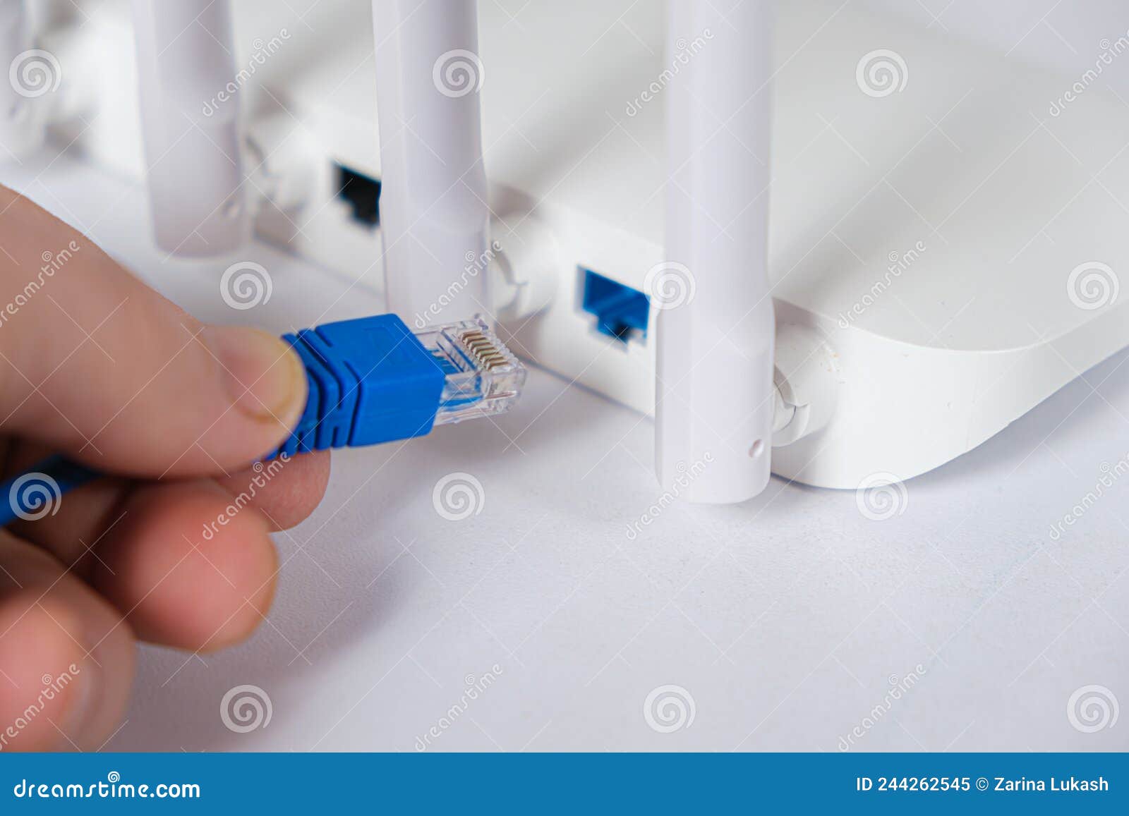 The Wizard Inserts the Internet Cable into the Wi-Fi Router. Internet ...