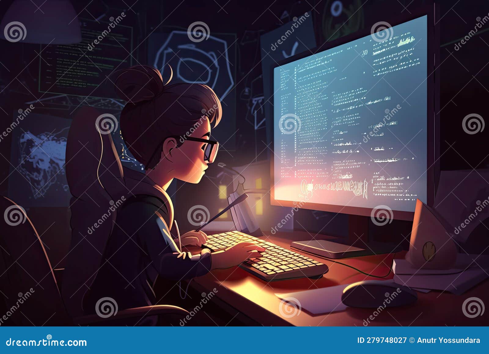 A Man, The Code Wizard, Sits Focused At His Desk, Typing Commands On The Keyboard In Front Of A ...