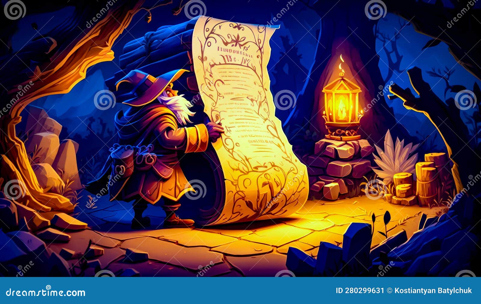 Wizard with Large Scroll in His Hand and Lantern in the Background ...