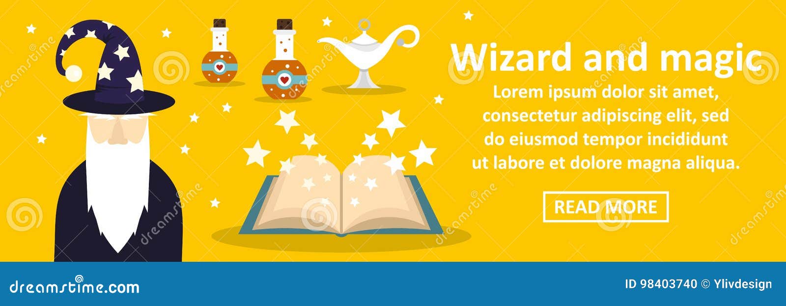 Wizard and Magic Banner Horizontal Concept Stock Vector - Illustration ...