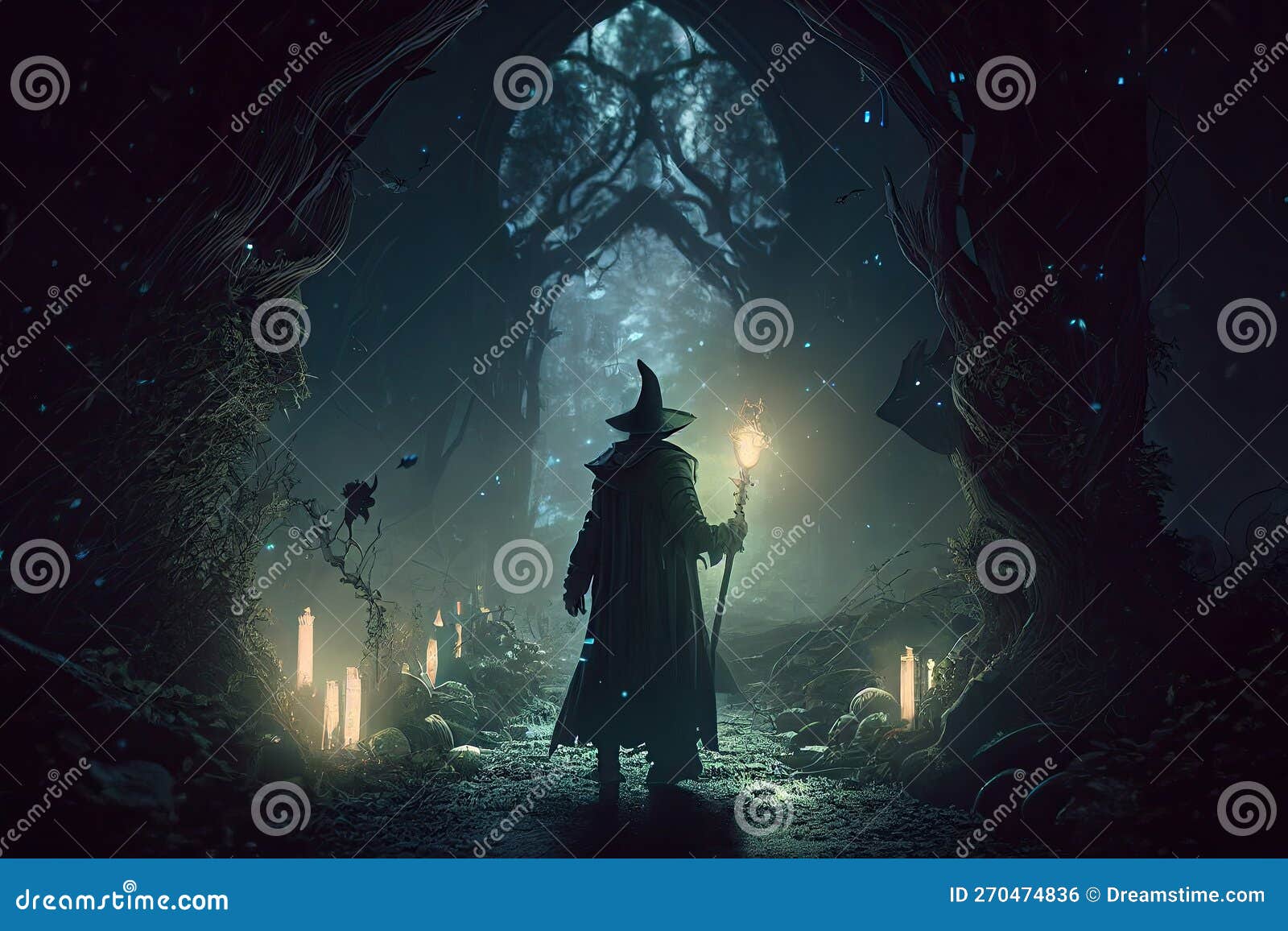 A Wizard with a Magic Staff in Forest. Concept of Magic and Sorcery in ...