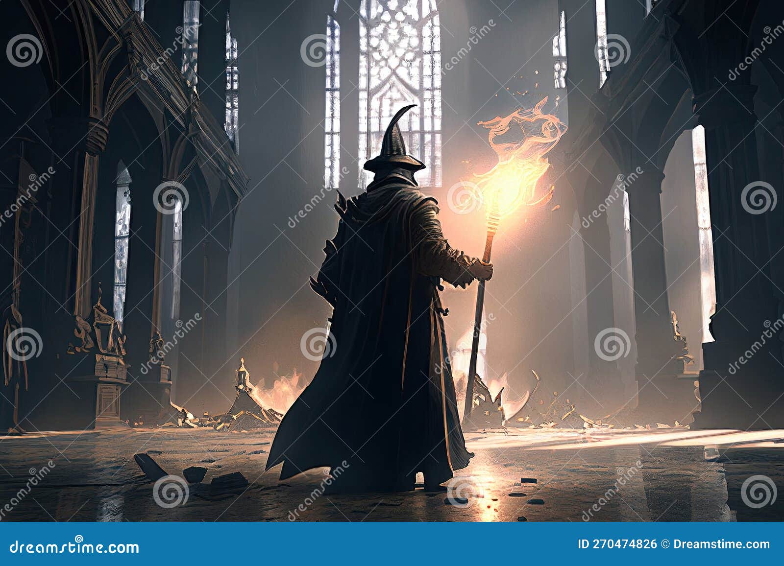 A Wizard with a Magic Staff in Hall with Sunlight. Concept of Magic and ...