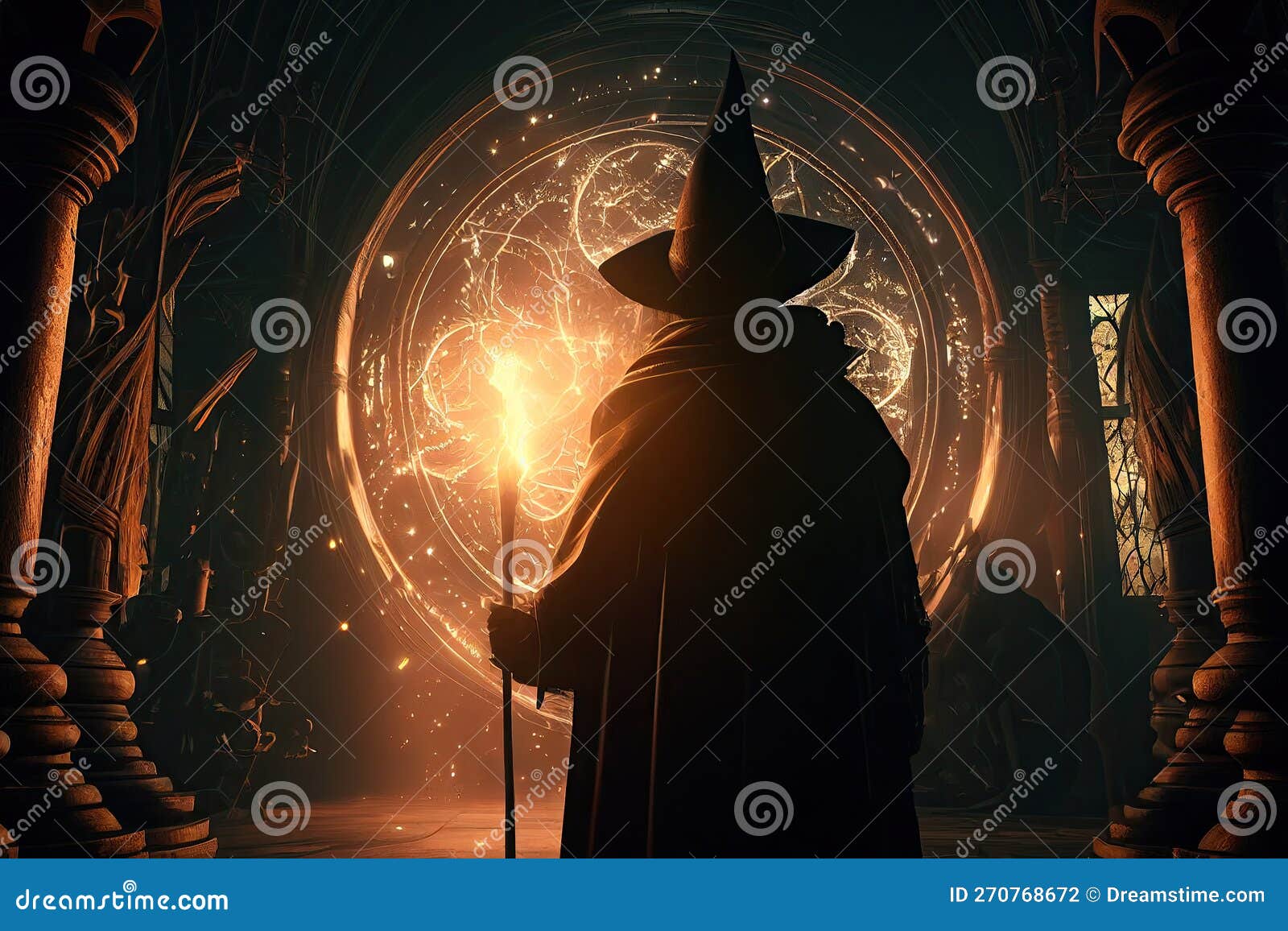 A Wizard with a Magic Staff in Hall with Sunlight. Concept of Magic and ...