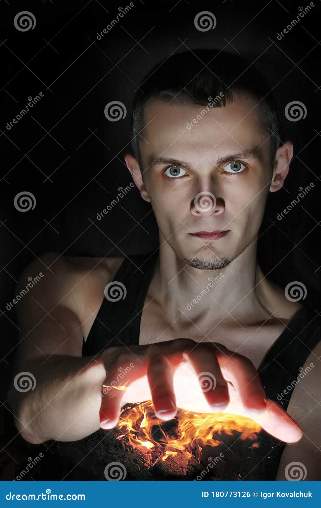 Wizard Man with Fire Fireball Stock Photo - Image of hand, flame: 180773126