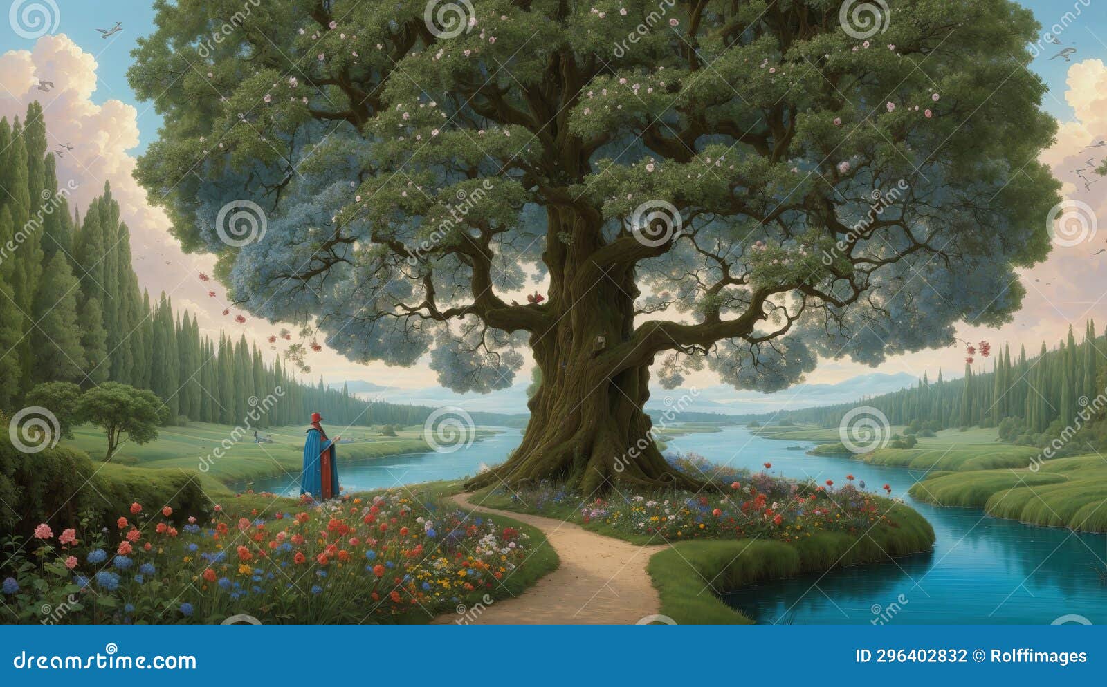 A Wizard Near an Old Large Tree in a Flowering Meadow Stock Photo ...