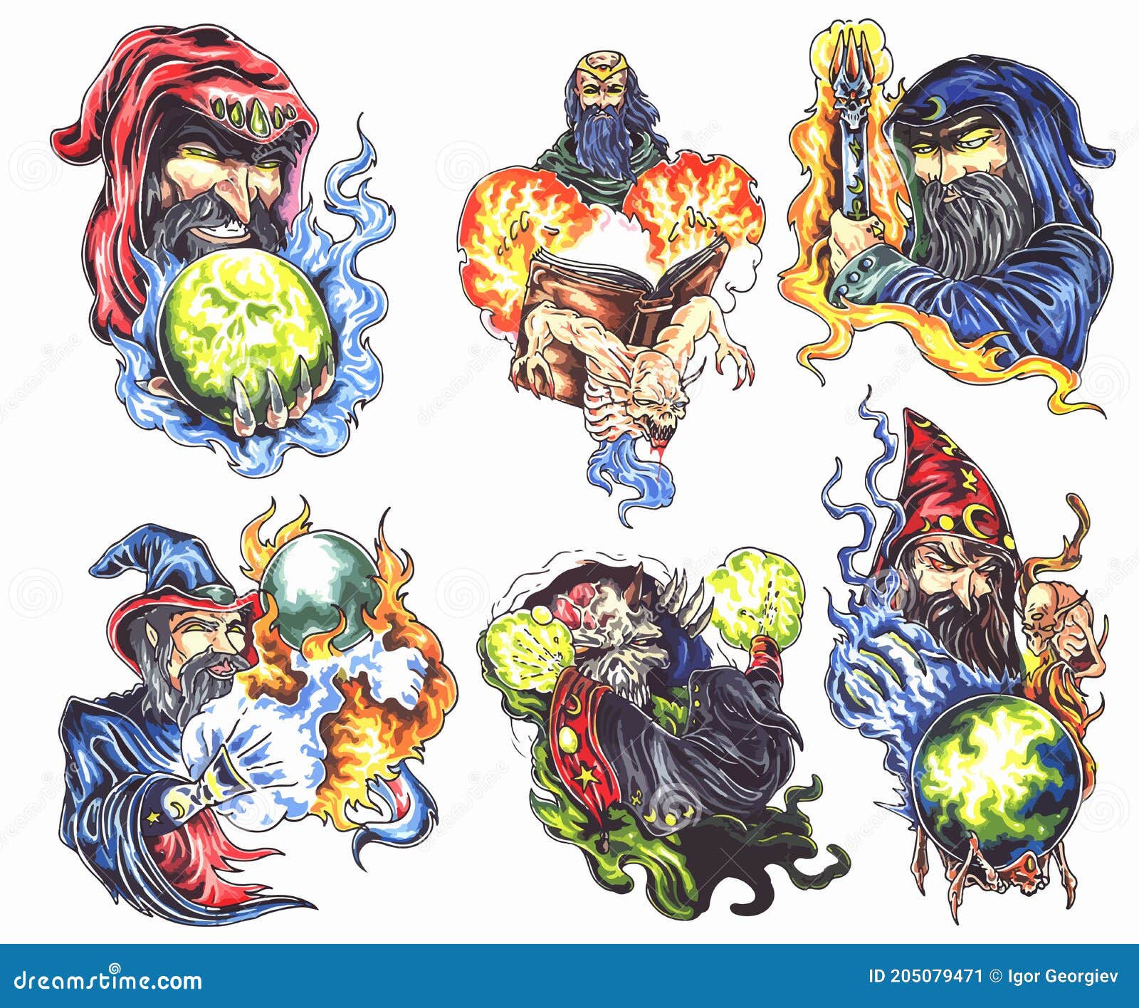 Wizard Oldskool Tattoo Set. Set Of Labels And Elements. Vector Set ...