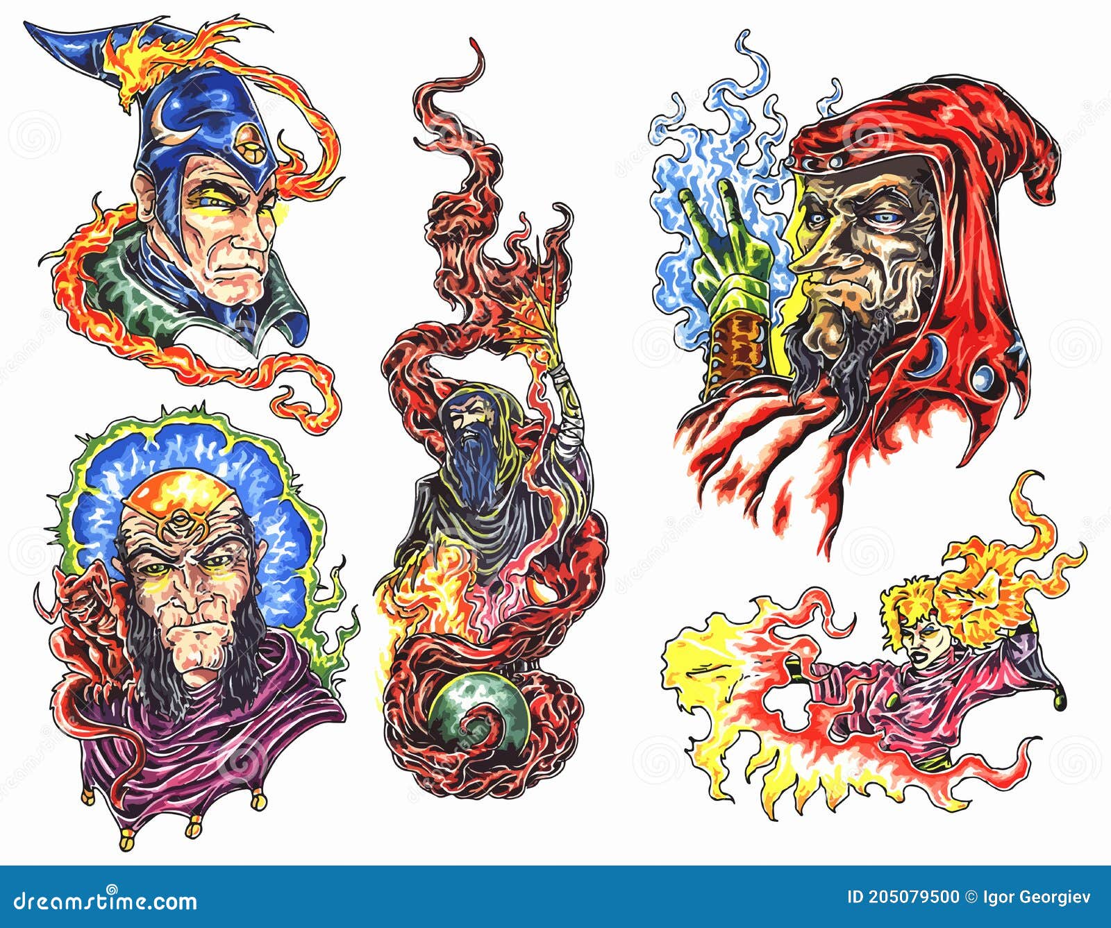 Wizard Oldskool Tattoo Set. Set Of Labels And Elements. Vector Set ...