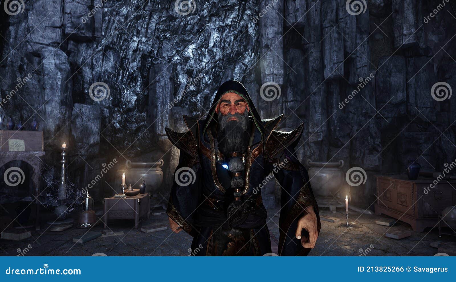 The Wizard Prepares for a Magic Ritual in His Ancient Castle. 3D ...