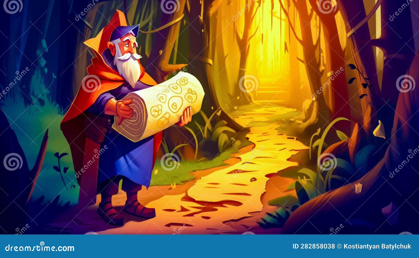 Wizard is Reading Scroll in the Middle of Path in Forest. Generative AI ...
