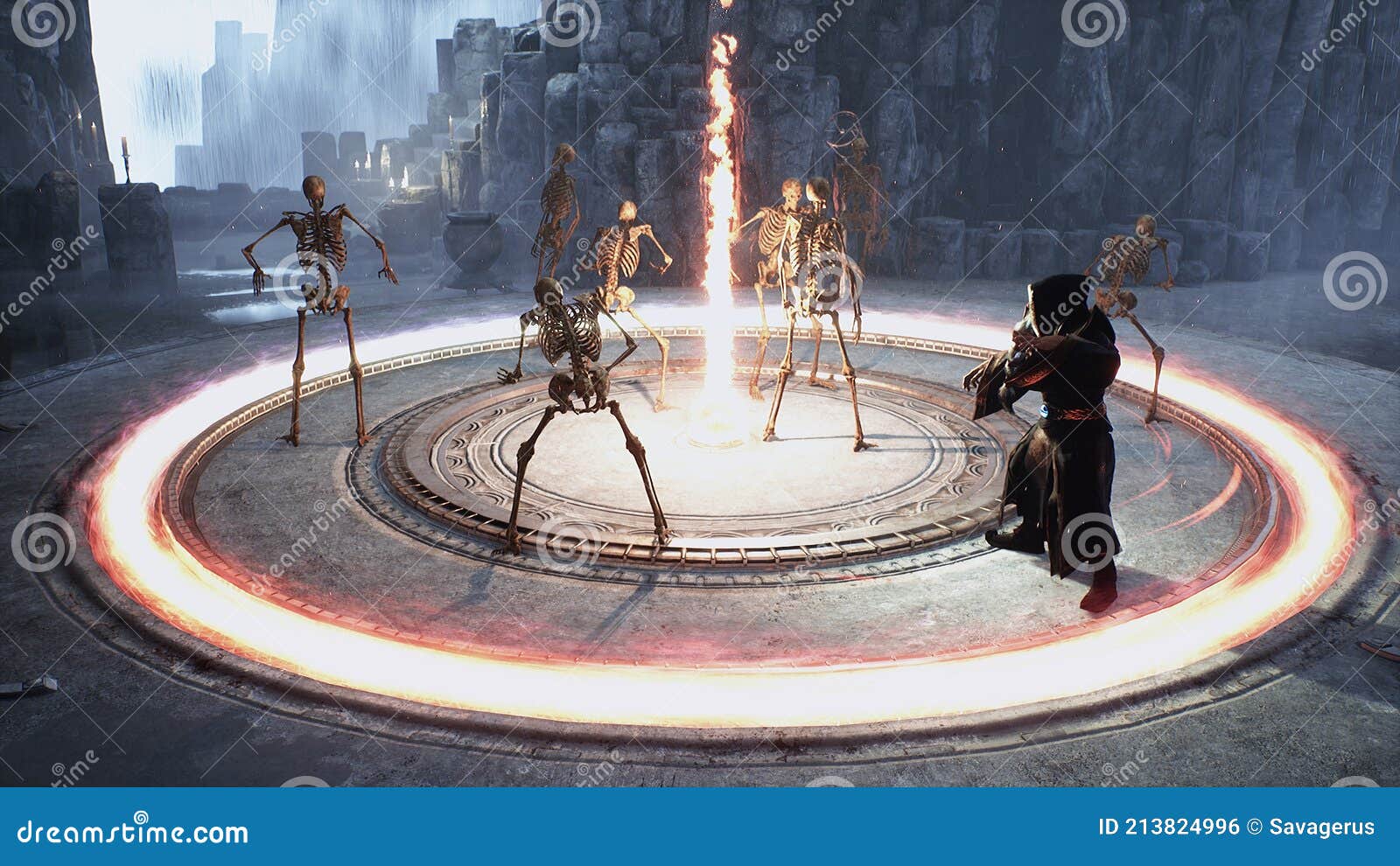 The Wizard Revives Old Skeletons Using Ancient Dark Magic. 3D Rendering ...