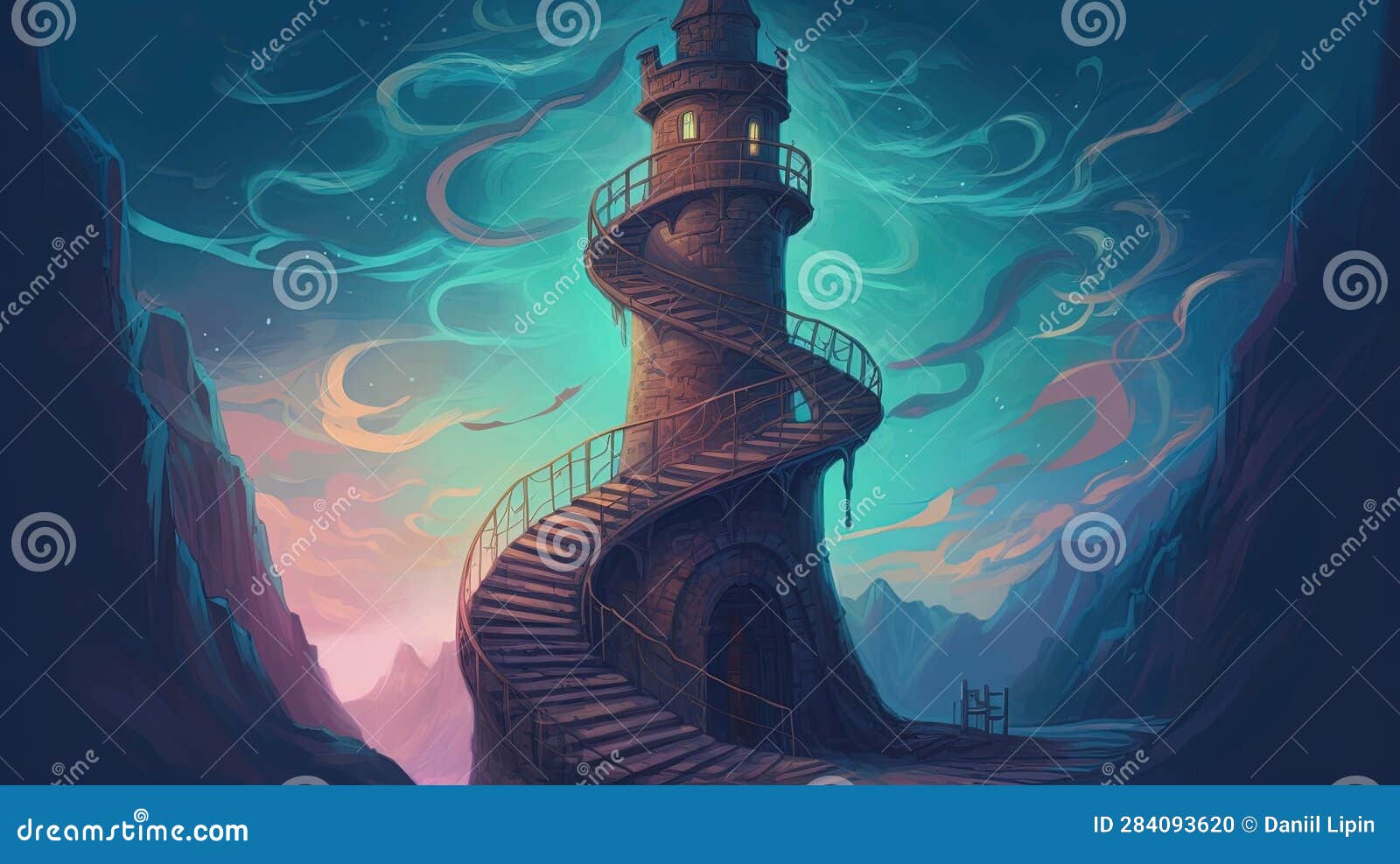 Wizards Tower High Above The Mountains Edge Overlooking A Lake. Fantasy ...