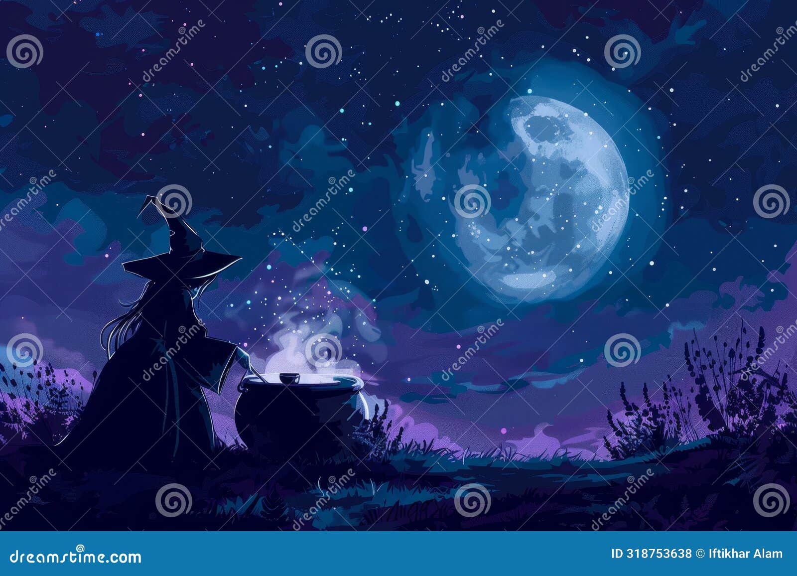 A Wizard is Seated on a Hill, Gazing at the Moon Above, a Witch ...