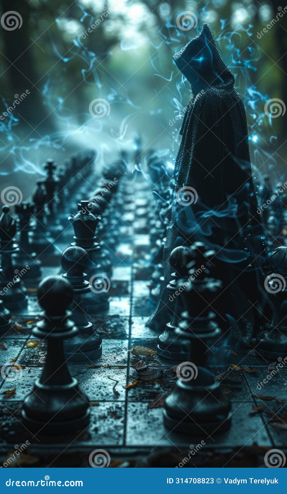 Wizard Sits on Chessboard in Fantasy Landscape. Fantasy and Surreal ...