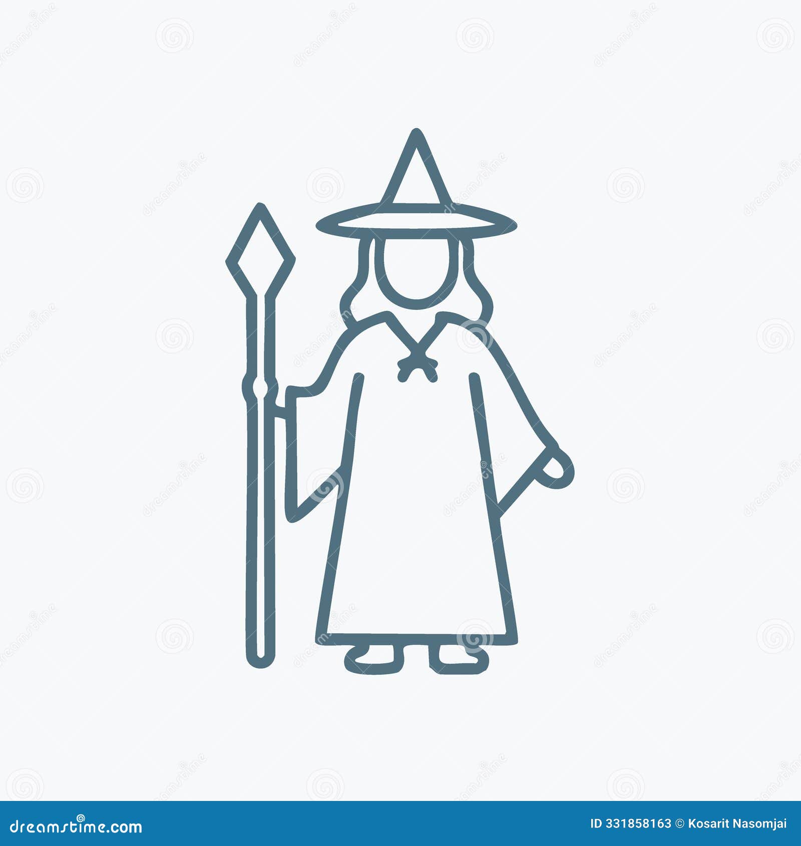 Wizard with Staff Icon. Line Drawing Icon of a Wizard Wearing a Pointed ...