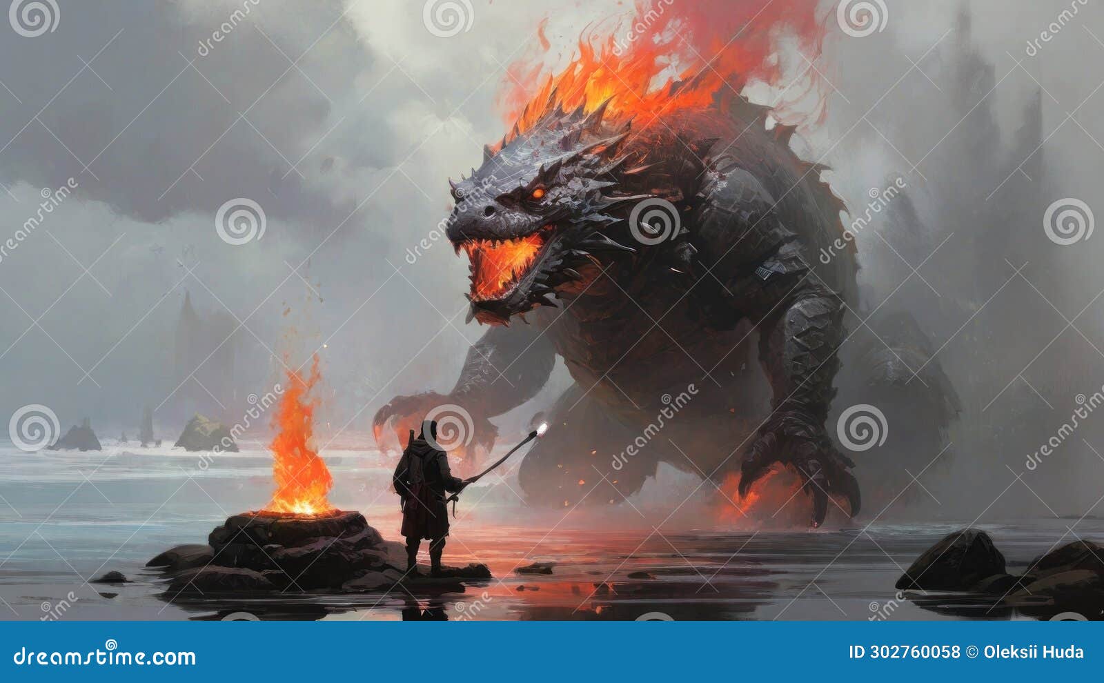 Wizard Summoning Giant Fish Creature with Fire Magic Stock Illustration ...