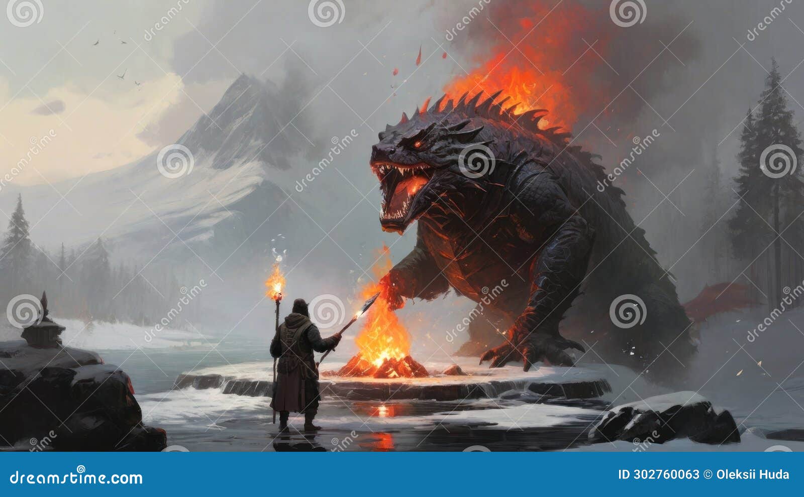 Wizard Summoning Giant Fish Creature with Fire Magic Stock Illustration ...