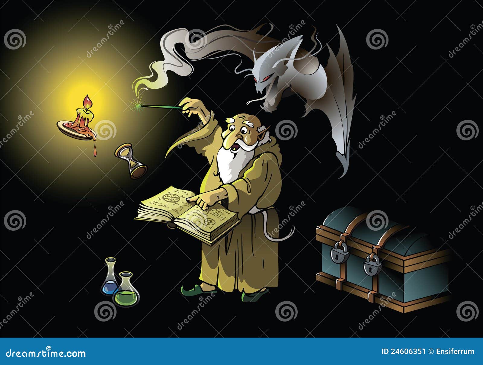 Cartoon Man Summons Genie From Magic Golden Lamp. Magician Wearing ...