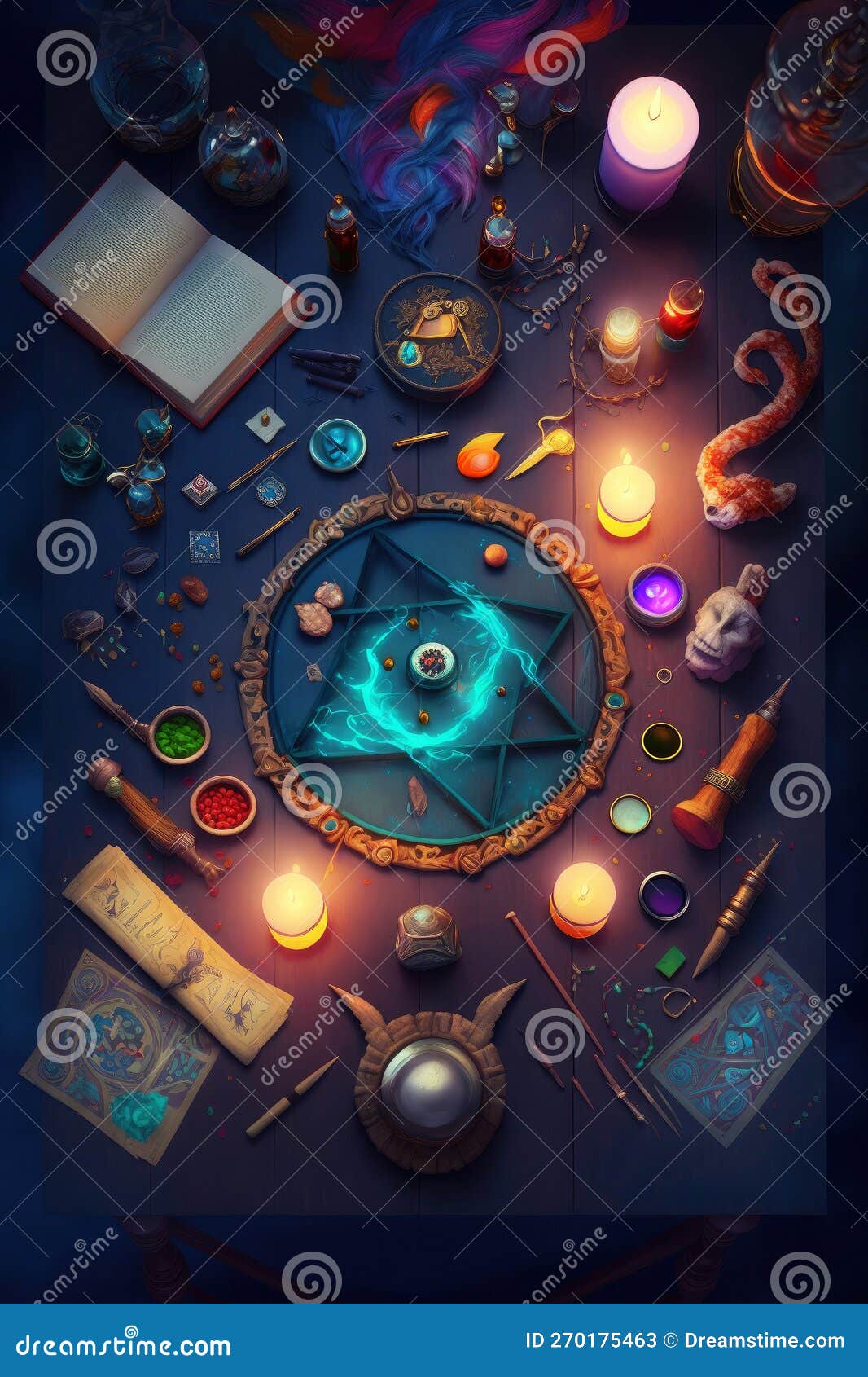 Wizard Table with Witchcraft Accessories. Created with Generative AI ...
