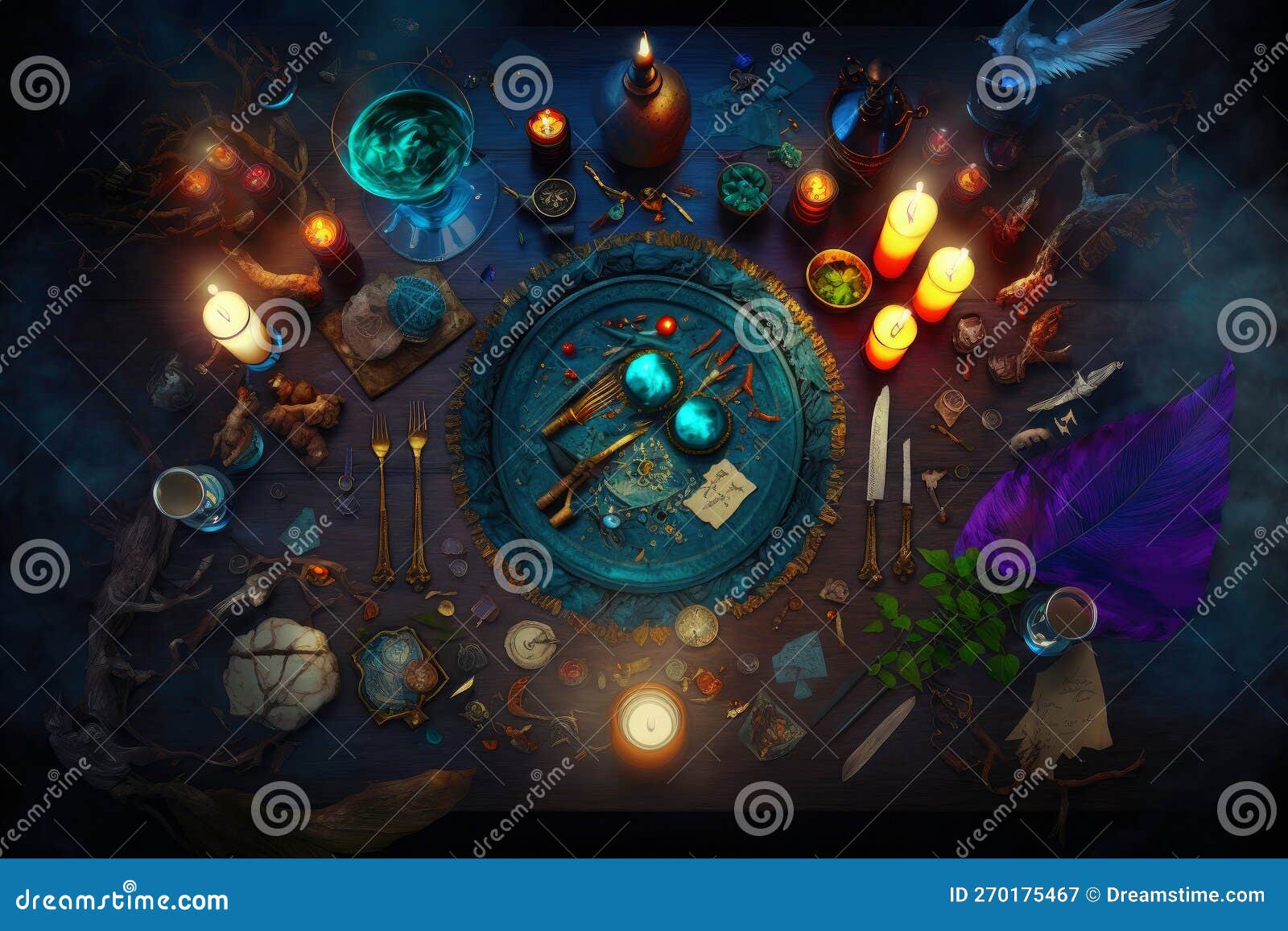 Wizard Table with Witchcraft Accessories. Created with Generative AI ...