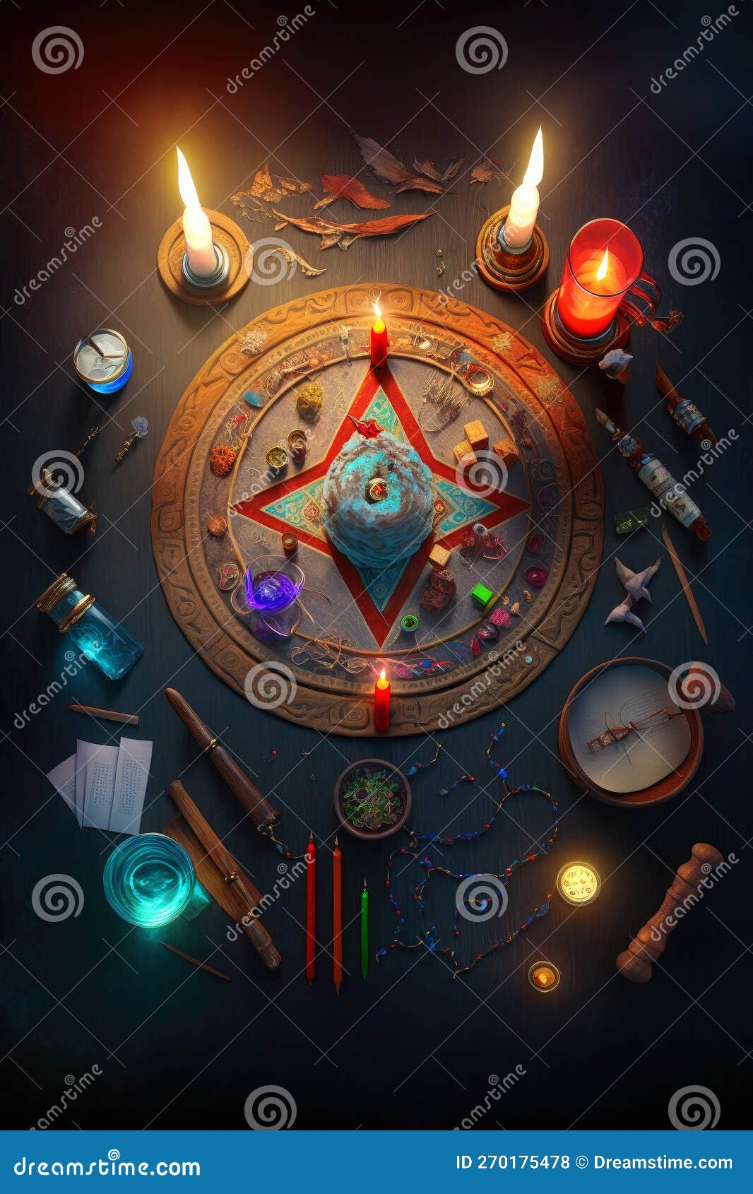 Wizard Table with Witchcraft Accessories. Created with Generative AI ...