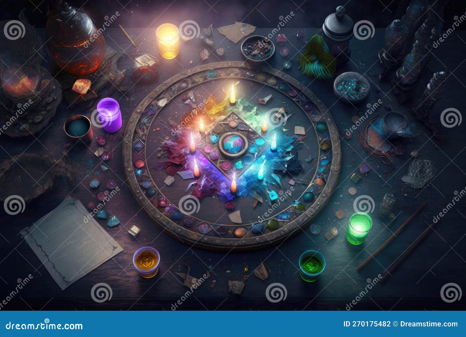 Wizard Table with Witchcraft Accessories. Created with Generative AI ...