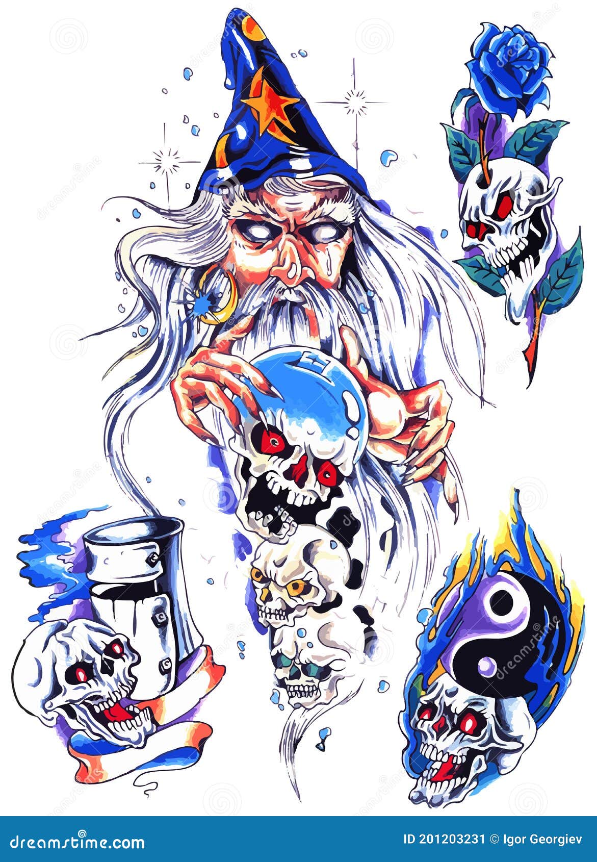 Wizard Tattoo Set. Set of Labels and Elements. Vector Set Illustration ...