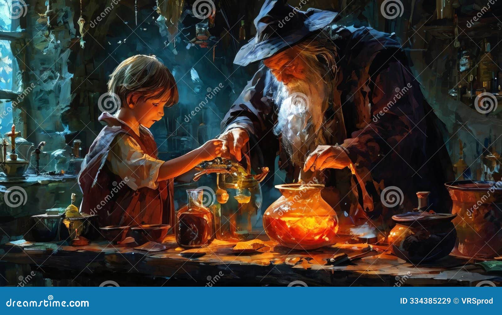 Wizard Teaching Young Boy Magic in a Medieval Workshop Stock Image ...