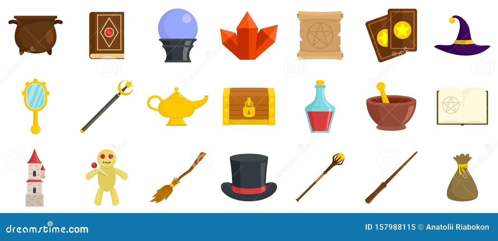 Wizard Tools. Cartoon Magician Casts Spells. Alchemical Laboratory With ...