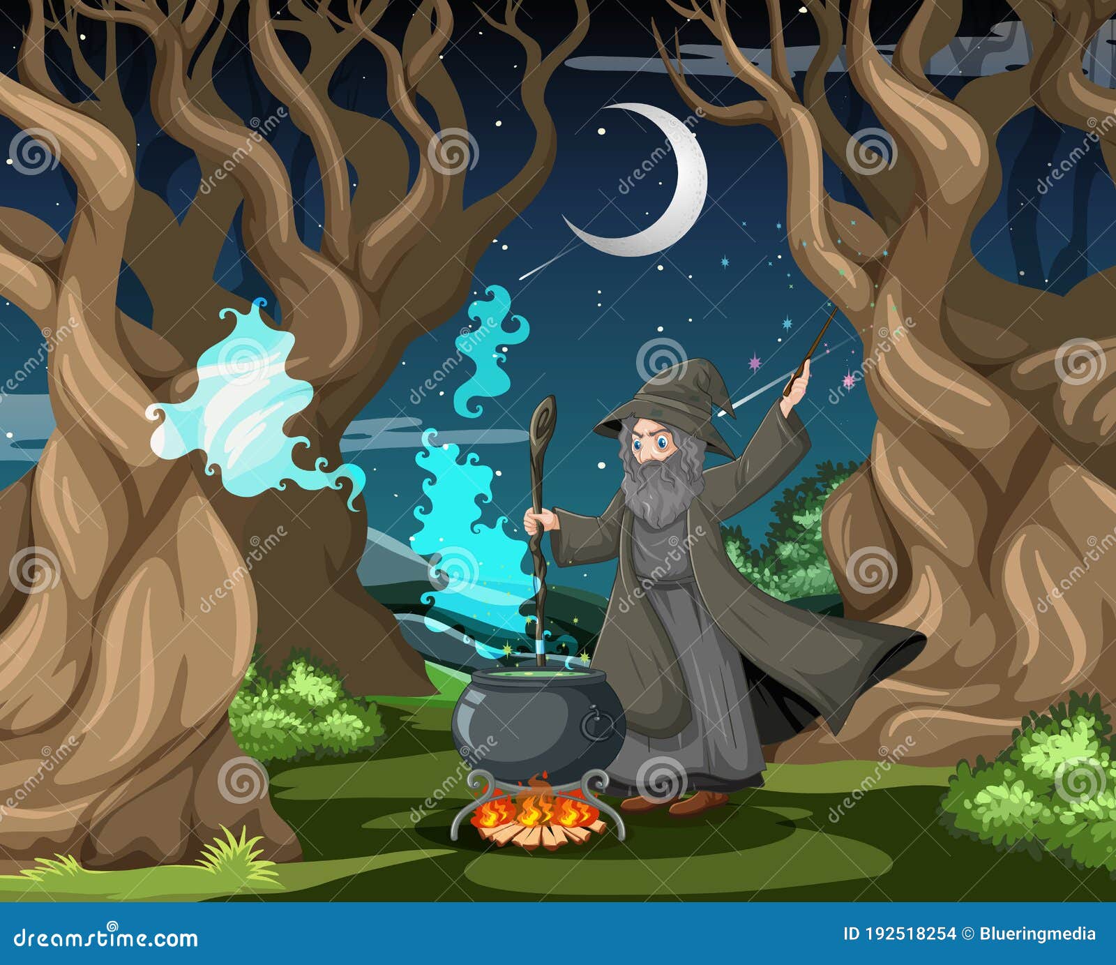 Wizard or Witch with Magic Pot on Dark Forest Scene Stock Vector ...