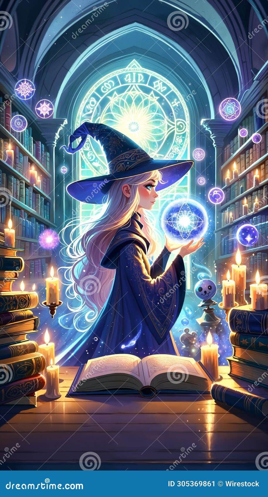 A Wizardess in an Enchanted Library, Surrounded by Books - AI Generated ...